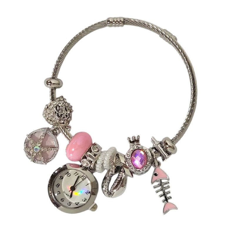 RELOJ ECONOMICO ESTILO PANDORA PARA DAMA DE ACERO CON BAÑO DE ENCHAPE