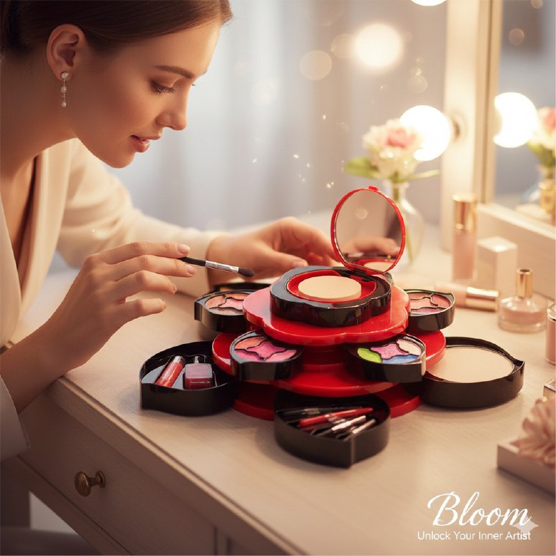 SET DE MAQUILLAJE EN FORMA DE FLOR, RUBOR, LABIALES, POLVO, ESPONJA Y