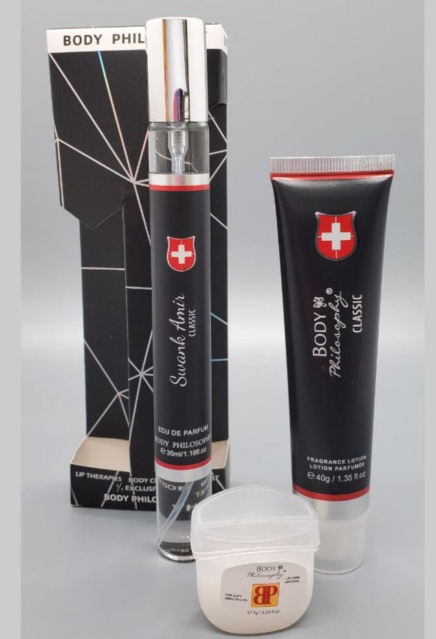 SET PERFUME MINI TUBO PHILOSOPHY SWANK AMIR CLASSIC EDP 35ML, CREMA 40